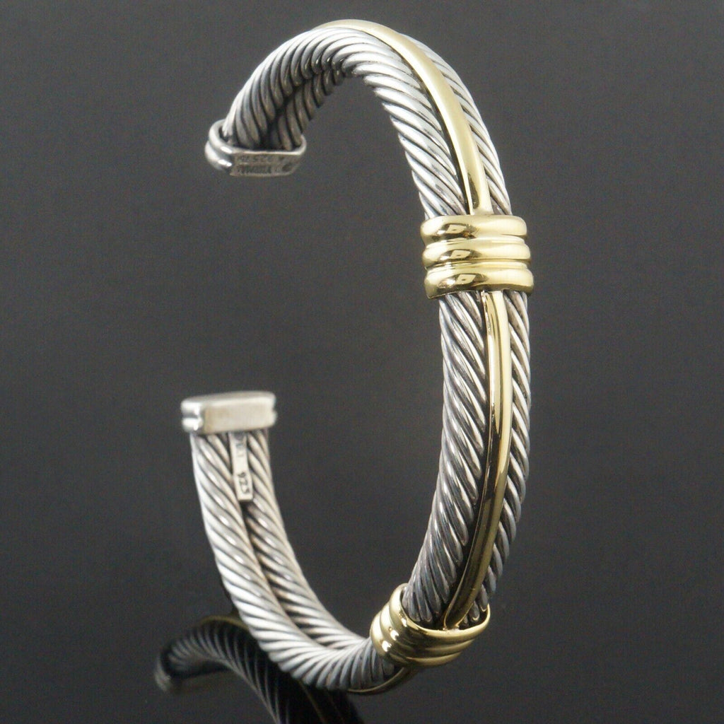 David Yurman Sterling Silver Solid 18K Gold Double Row Spacer Cuff Bracelet