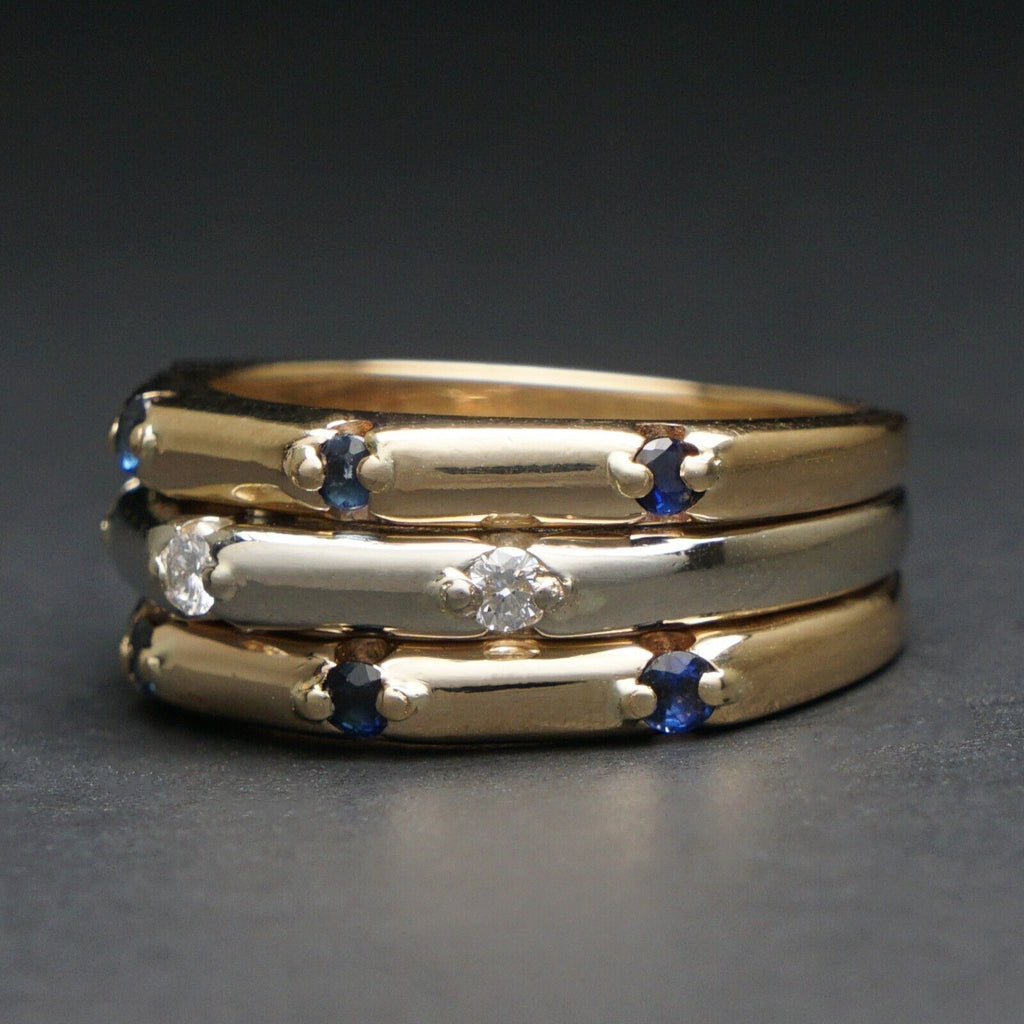 Two Tone Solid 14K Gold, Sapphire & Diamond Tapered Triple Stack Band ...
