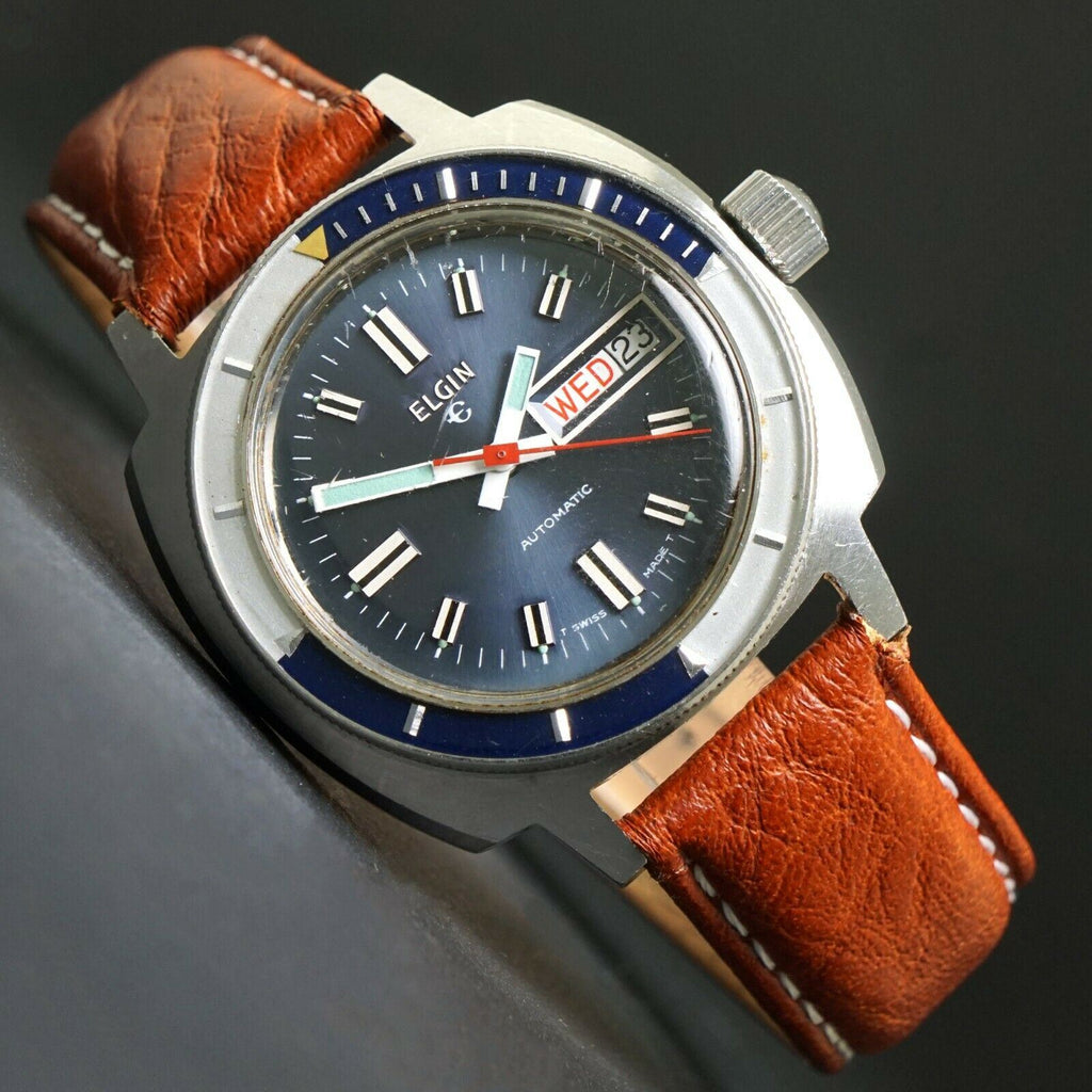 Untouched Vintage Elgin Automatic Stainless Steel 40mm Blue Dial Dive ...