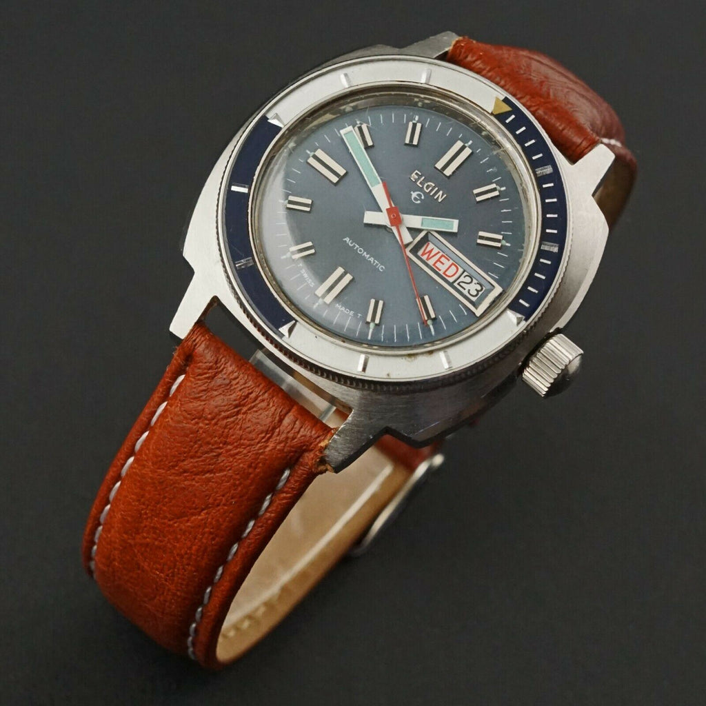 Untouched Vintage Elgin Automatic Stainless Steel 40mm Blue Dial Dive ...