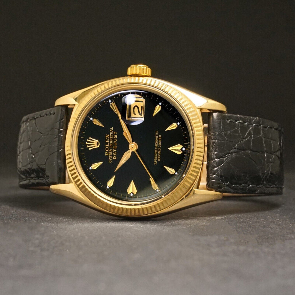 Stunning 1950s Rolex 6605 Datejust 14K Yellow Gold 36mm Gilt Black Dia ...
